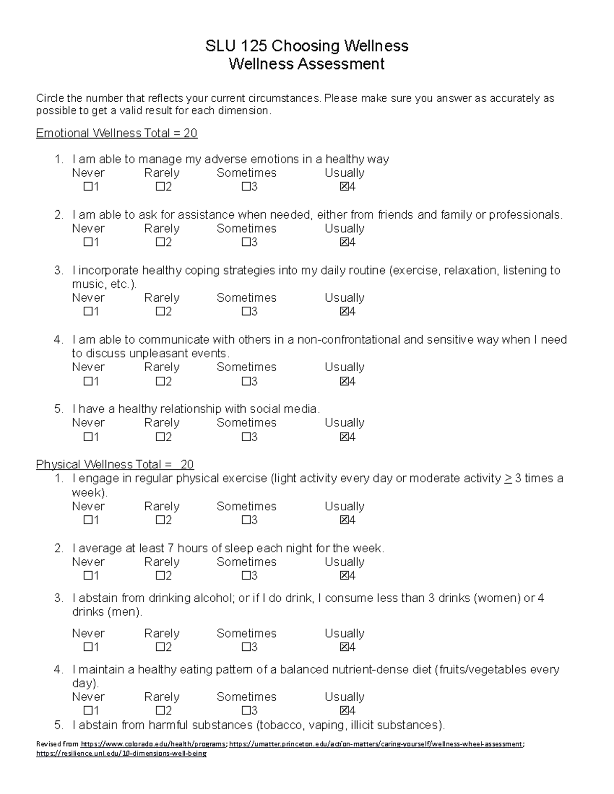 Wellness Assessment Elements - SLU 125 Choosing Wellness Wellness ...