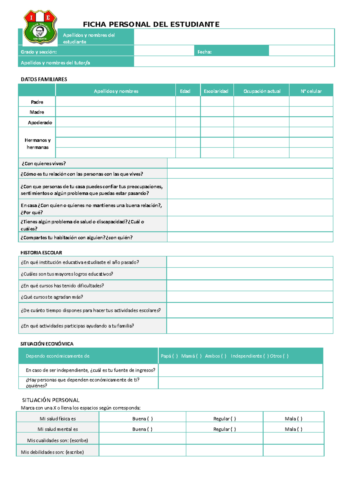 Ficha PARA EL Estudiante - FICHA PERSONAL DEL ESTUDIANTE Apellidos y ...