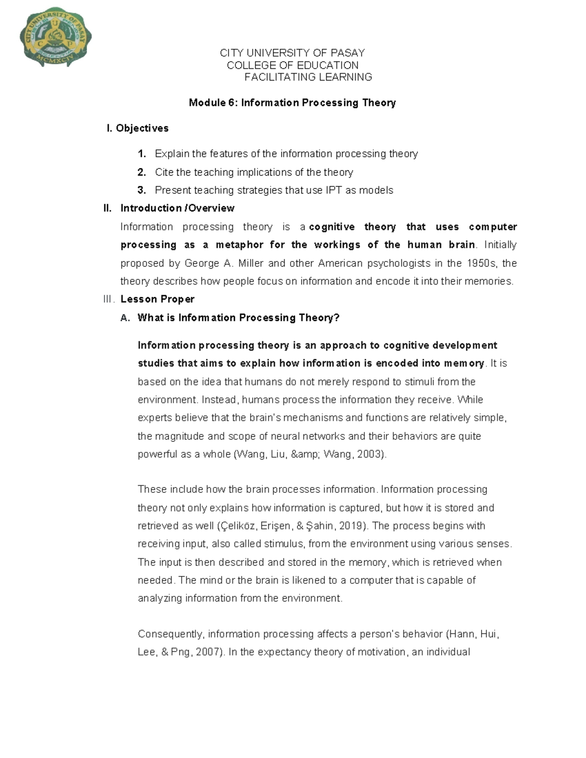 Module 6 - COLLEGE OF EDUCATION FACILITATING LEARNING Module 6 ...