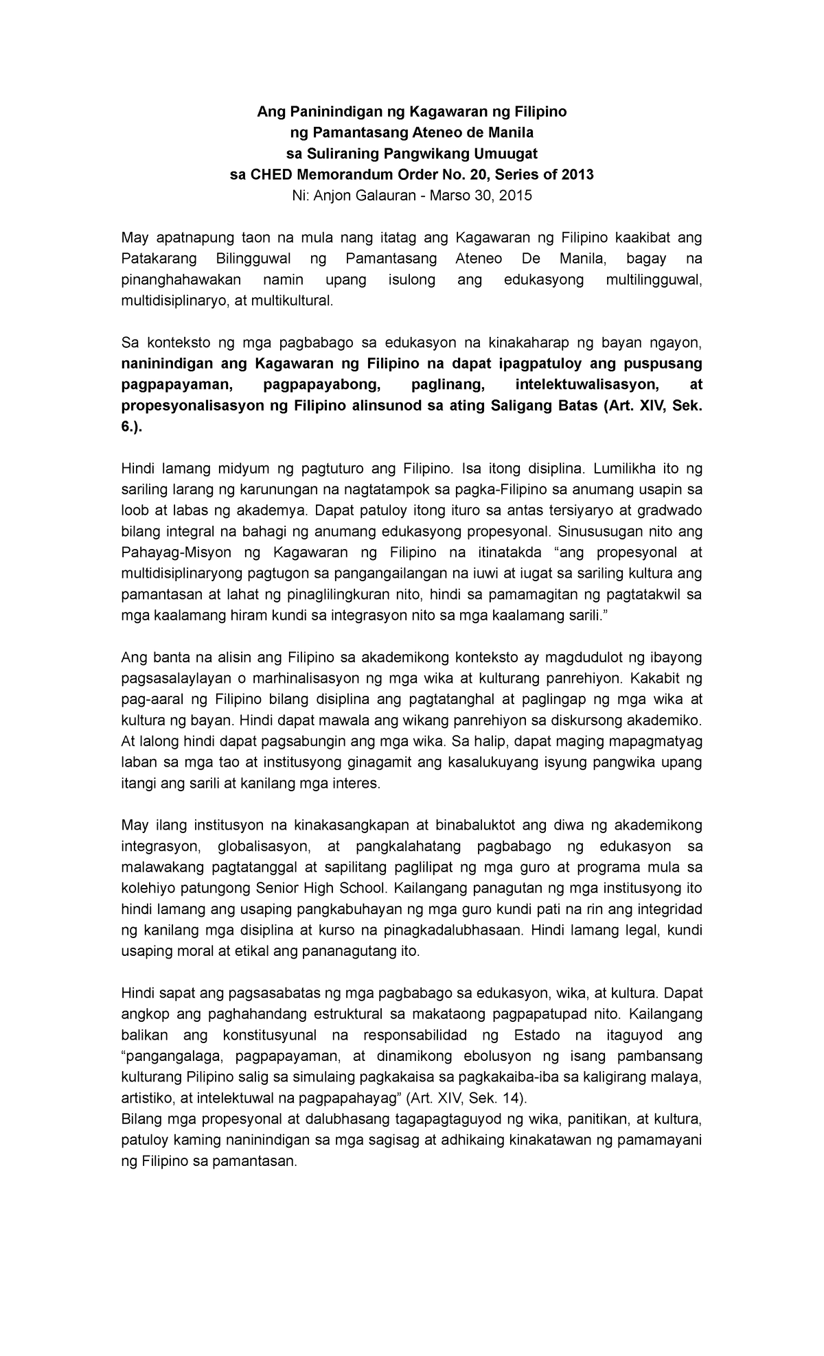 Pahayag ng admu sa ched memo - Ang Paninindigan ng Kagawaran ng ...