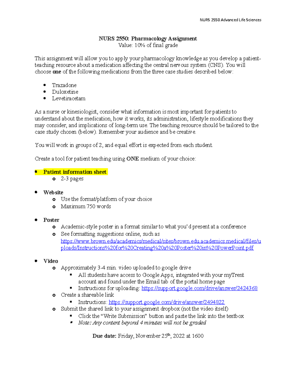 NURS 2550 Pharmacology Assignment 2022 - NURS 2550: Pharmacology Assignment Value: 10% of final ...