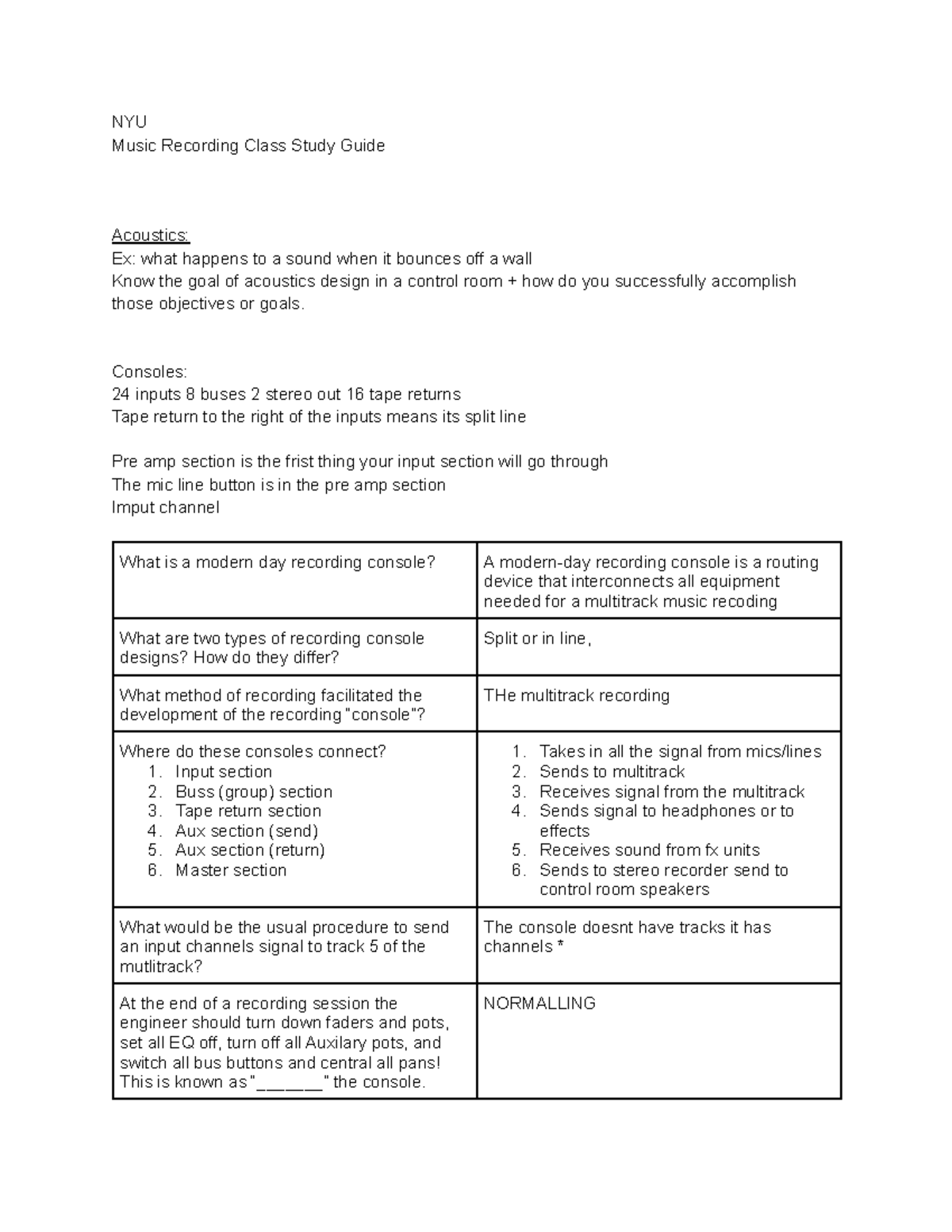 Study Guide for Music Recording Class- NYU - NYU Music Recording Class ...