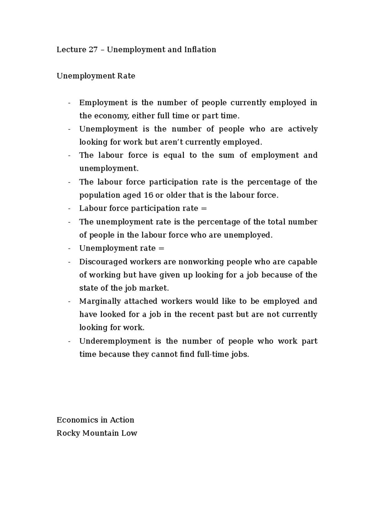 Lecture 27 – Unemployment and Inflation - Lecture 27 – Unemployment and ...