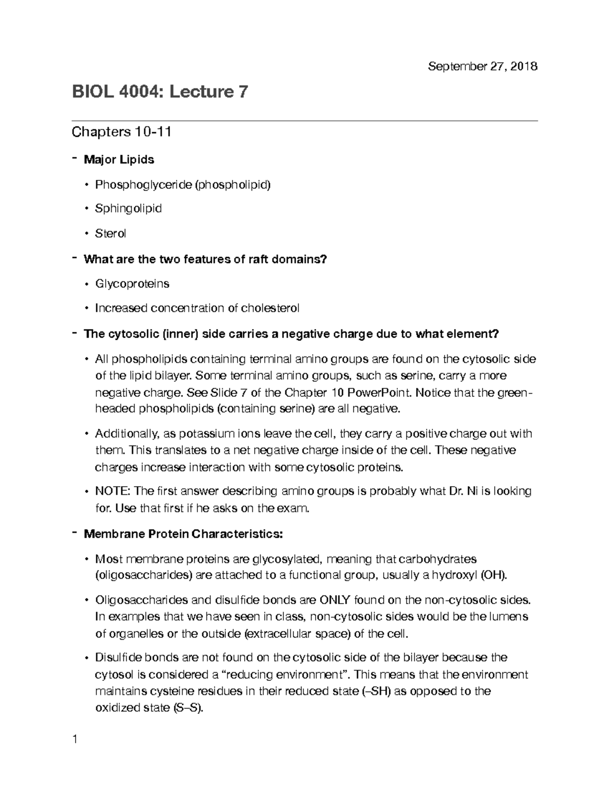 BIOL4004Ch10-11 - Lecture notes chap 10-11 - September 27, 2018 BIOL ...