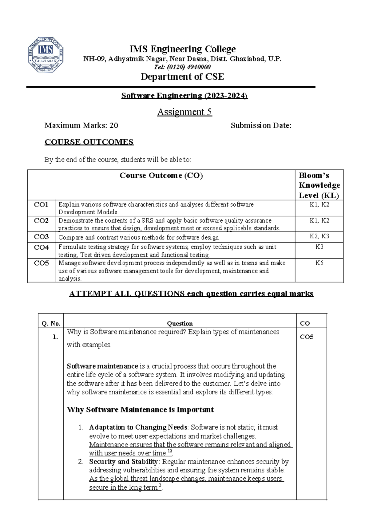 A5 sol - IMS Engineering College NH-09, Adhyatmik Nagar, Near Dasna, Distt. Ghaziabad, U. Tel ...