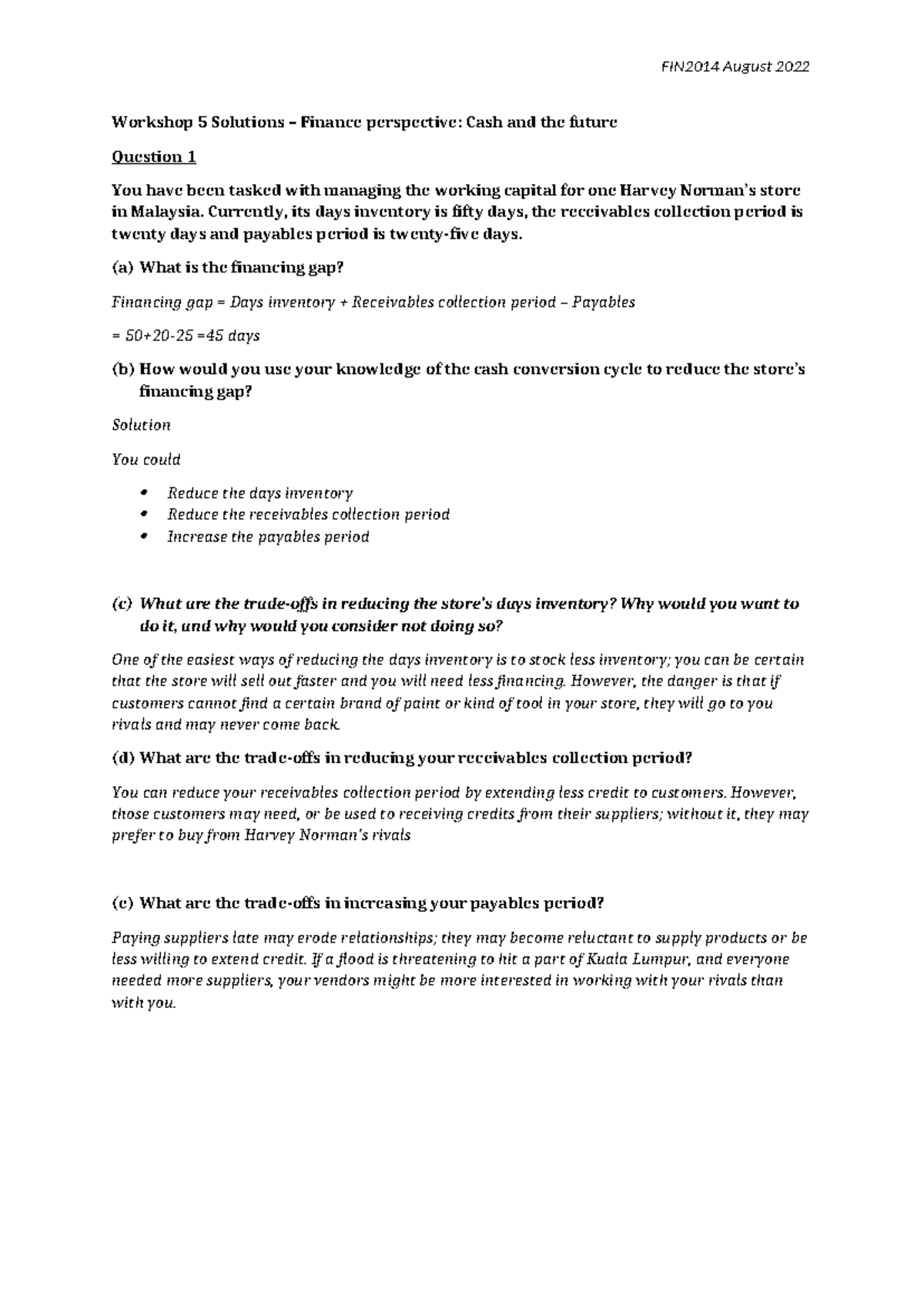 Finance perspective: Cash and the future - Workshop 5 Solutions ...