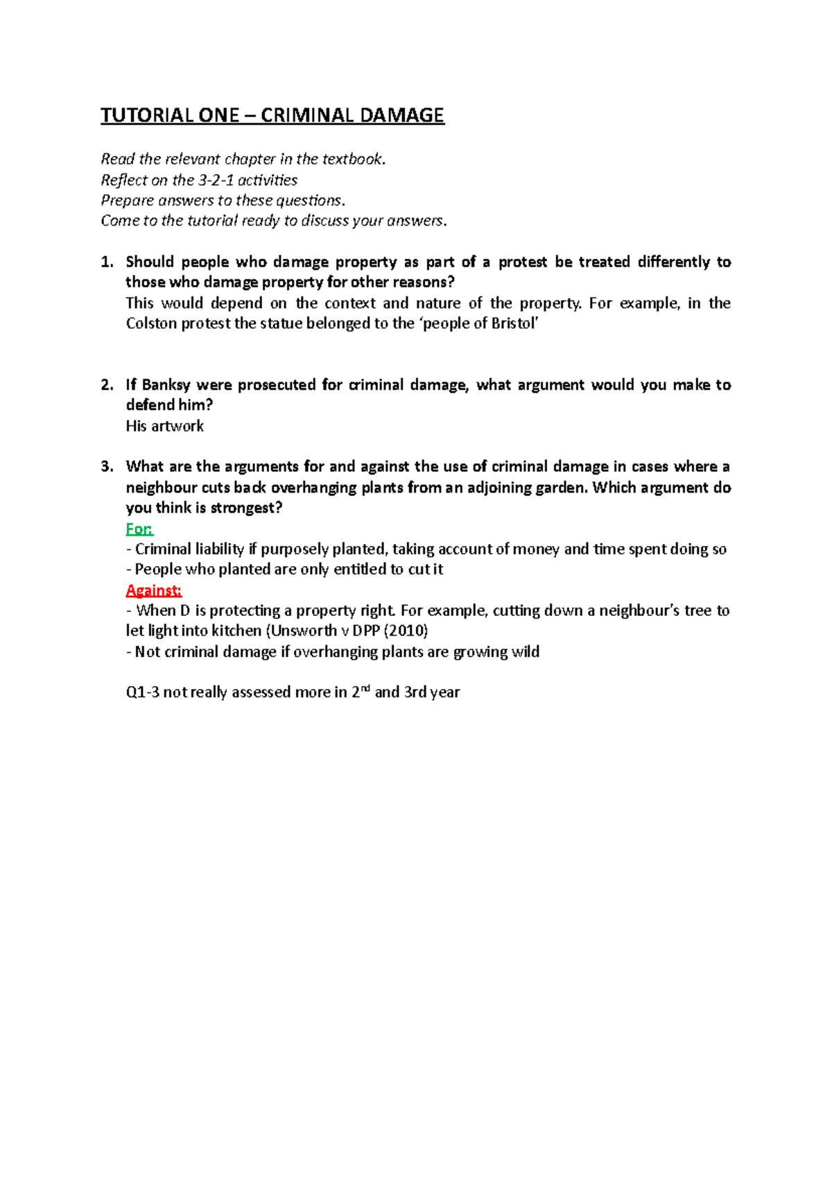 Tutorial 1 - Criminal Damage - TUTORIAL ONE – CRIMINAL DAMAGE Read the ...