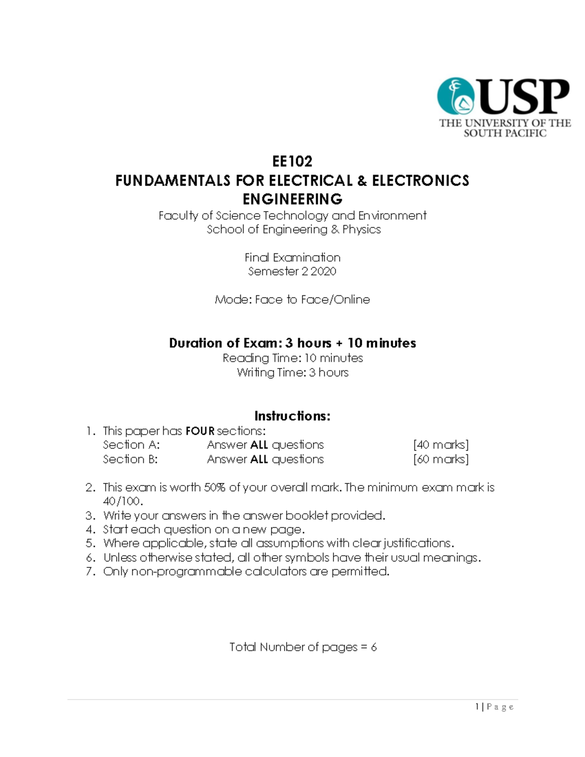 EE102 Exam - EE FUNDAMENTALS FOR ELECTRICAL & ELECTRONICS ENGINEERING Faculty of Science - Studocu