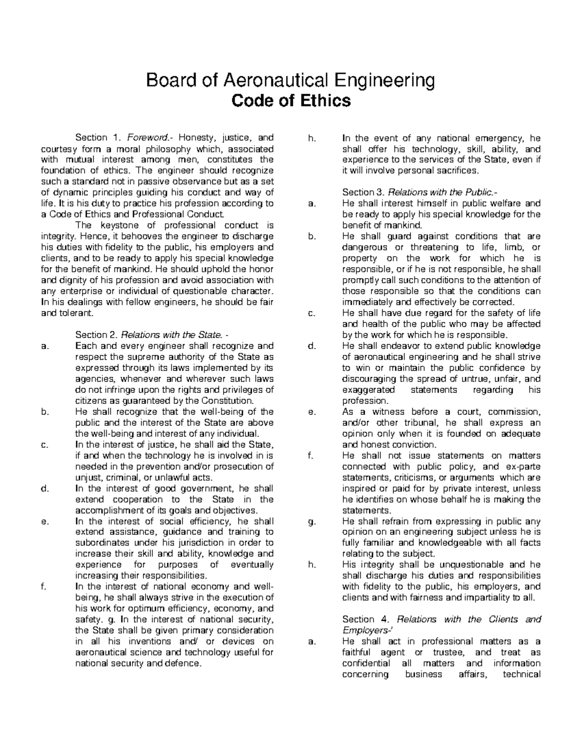Code of Ethics - qwer - Board of Aeronautical Engineering Code of ...