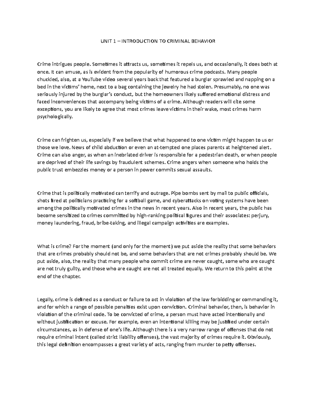 KRM 310 UNIT 1 - SECTION B NOTES - UNIT 1 – INTRODUCTION TO CRIMINAL ...