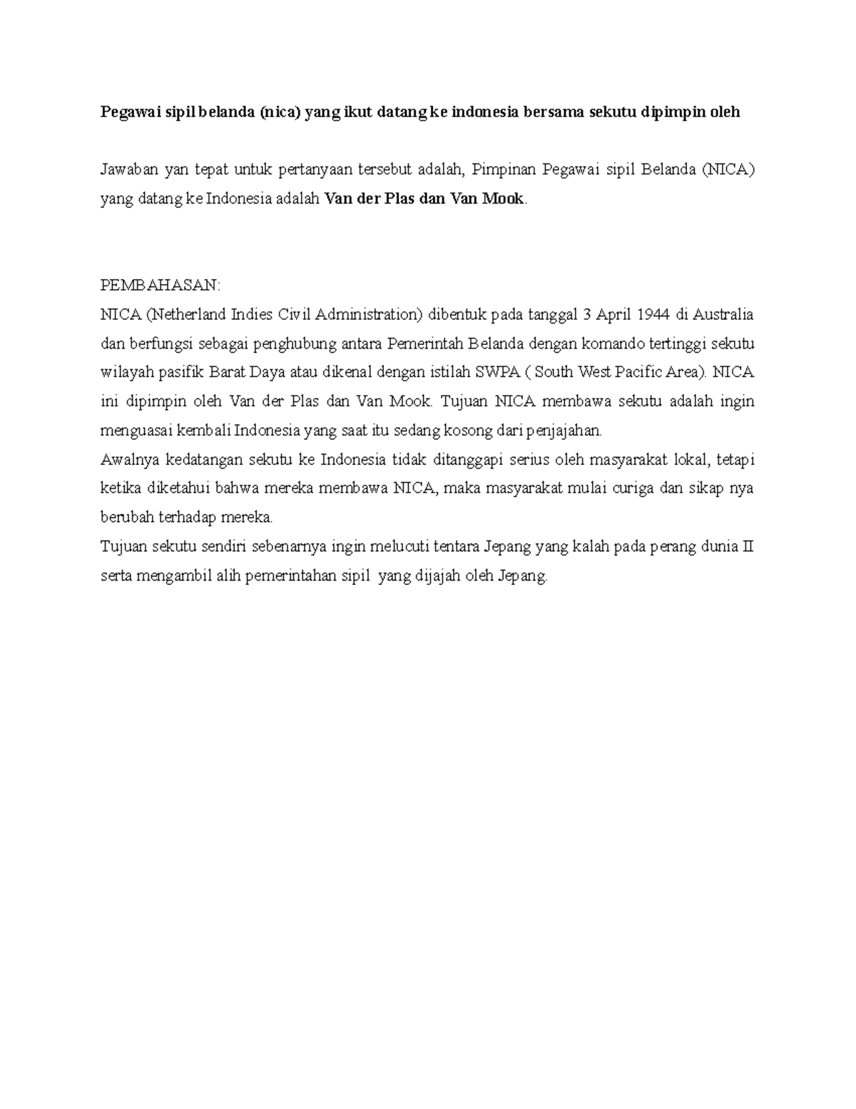 NICA Netherland Indies Civil Administration - Pegawai sipil belanda ...