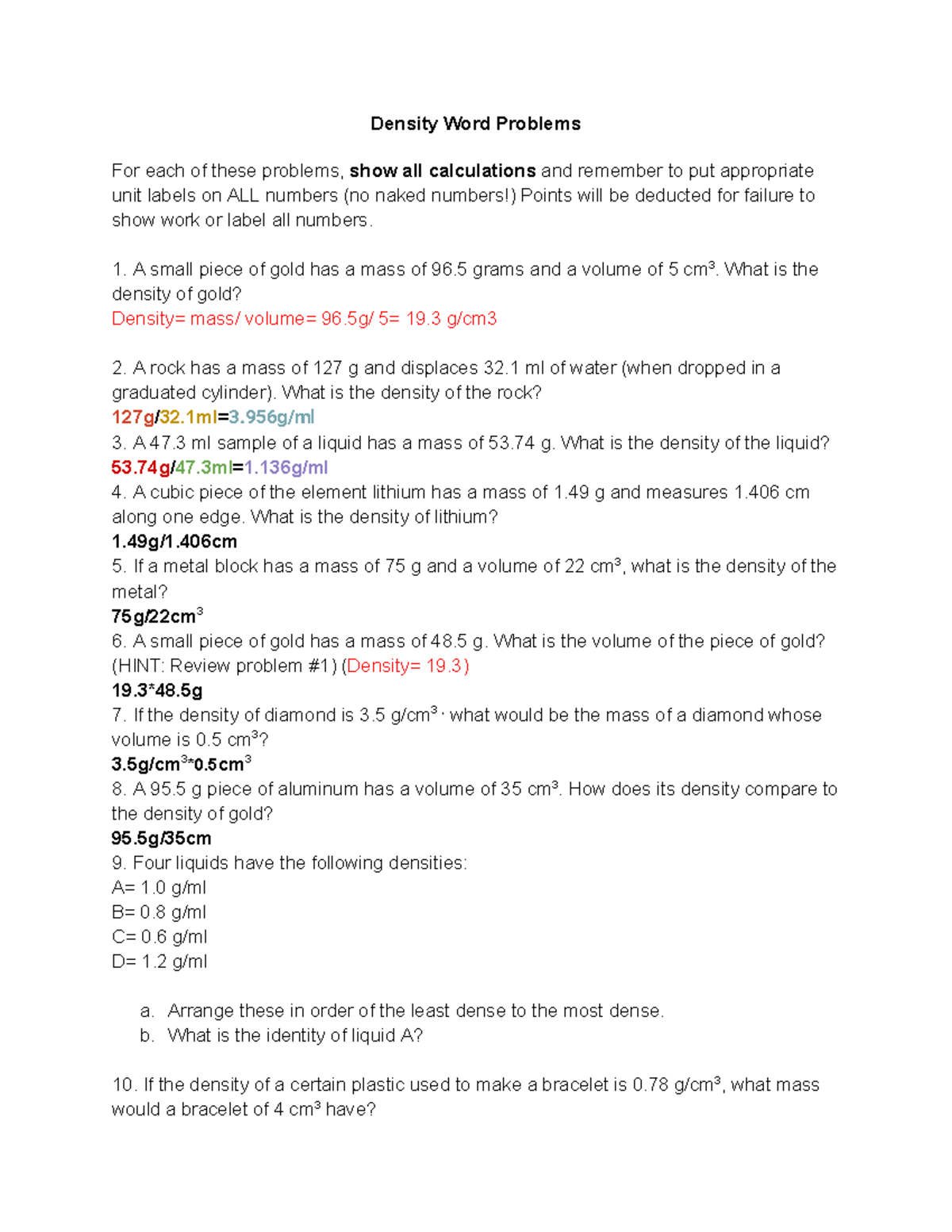 Density Calculations - Density Word Problems For each of these problems ...