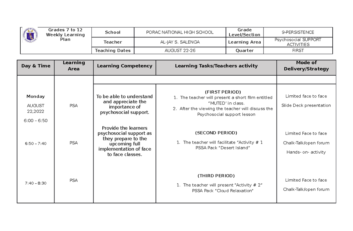 PSSA- Learning-PLAN - LEARNING PLAN - Grades 7 to 12 Weekly Learning ...