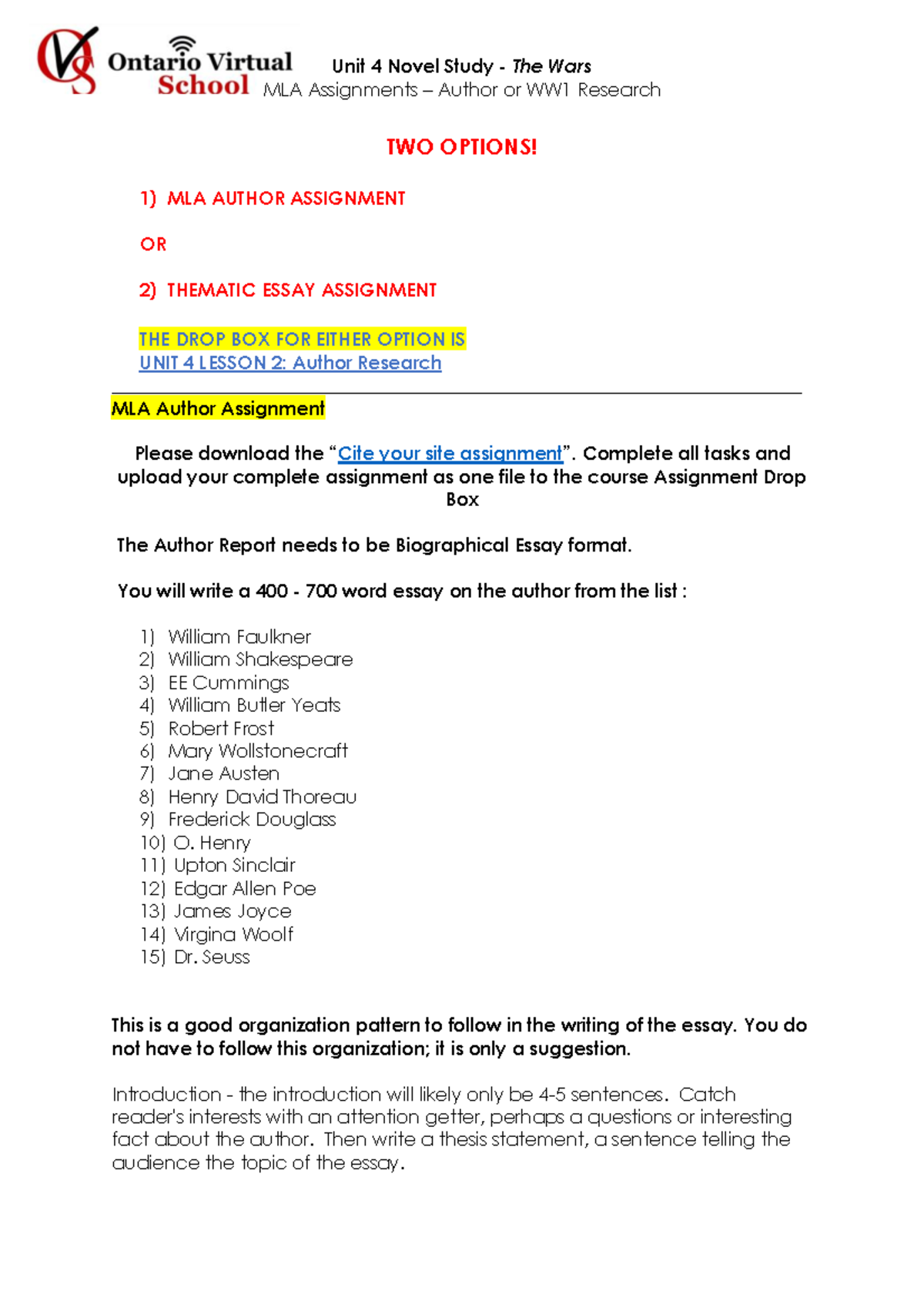 U4L2 MLA Research Assignment - Unit 4 Novel Study - The Wars MLA ...