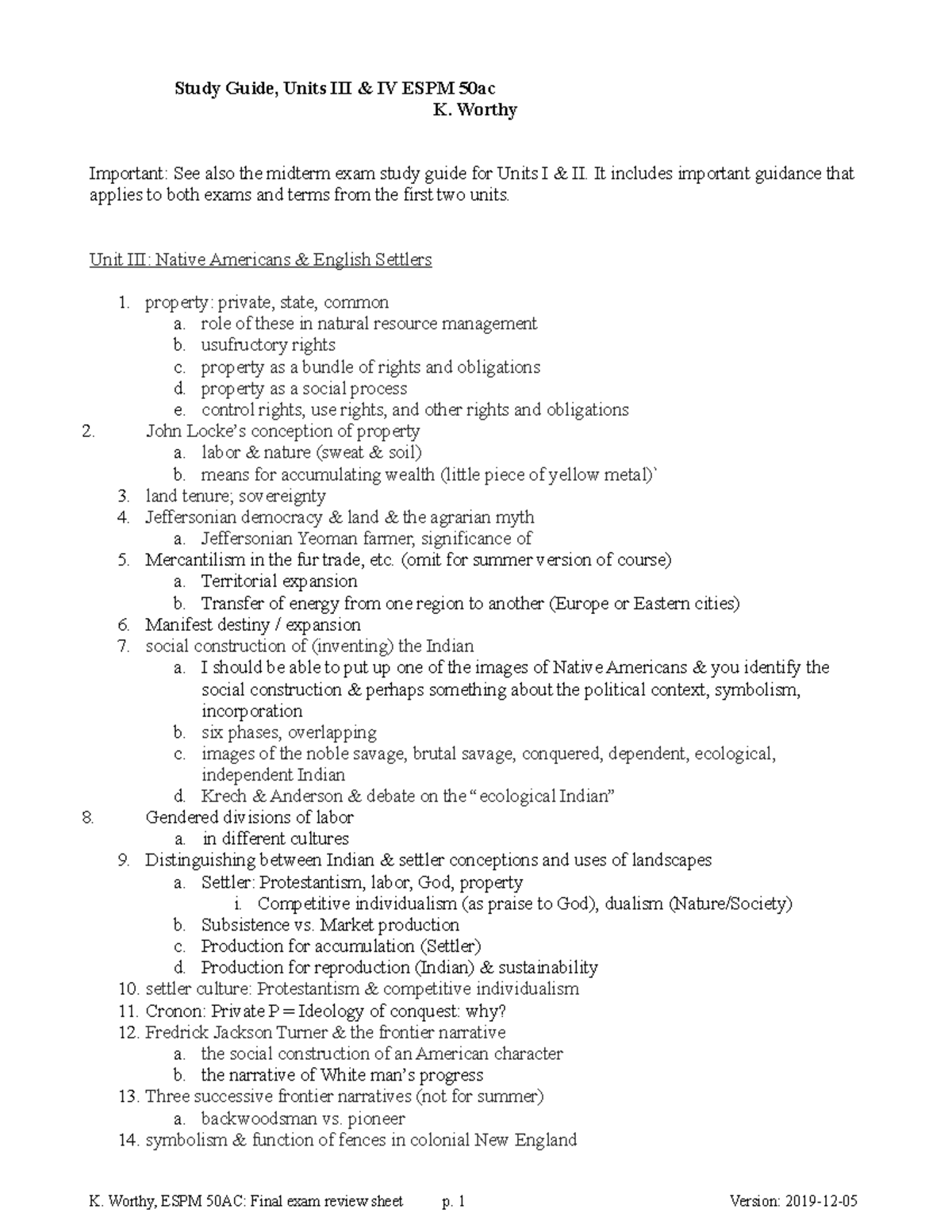 ESPM 50ac Final exam study guide K Worthy semester version - K. Worthy ...