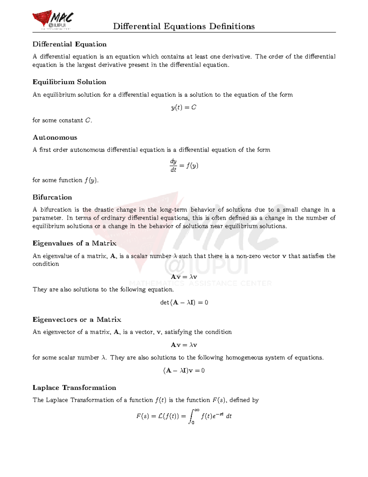 266 Definitions Summarized Lecture Notes For Math 26600 Iupui All Professors Differential 