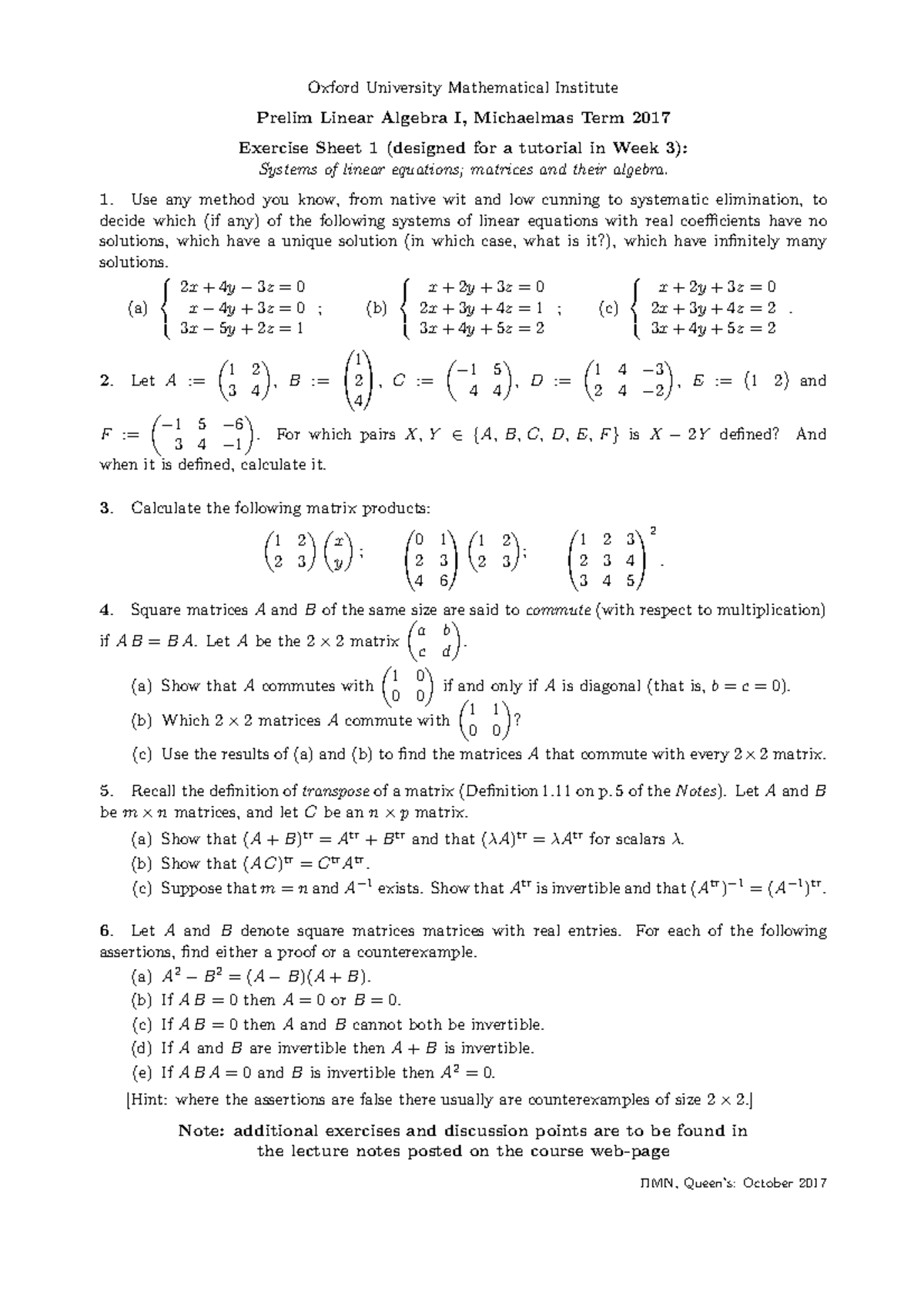 Linear Algebra I Sheet 1 - Oxford University Mathematical Institute ...