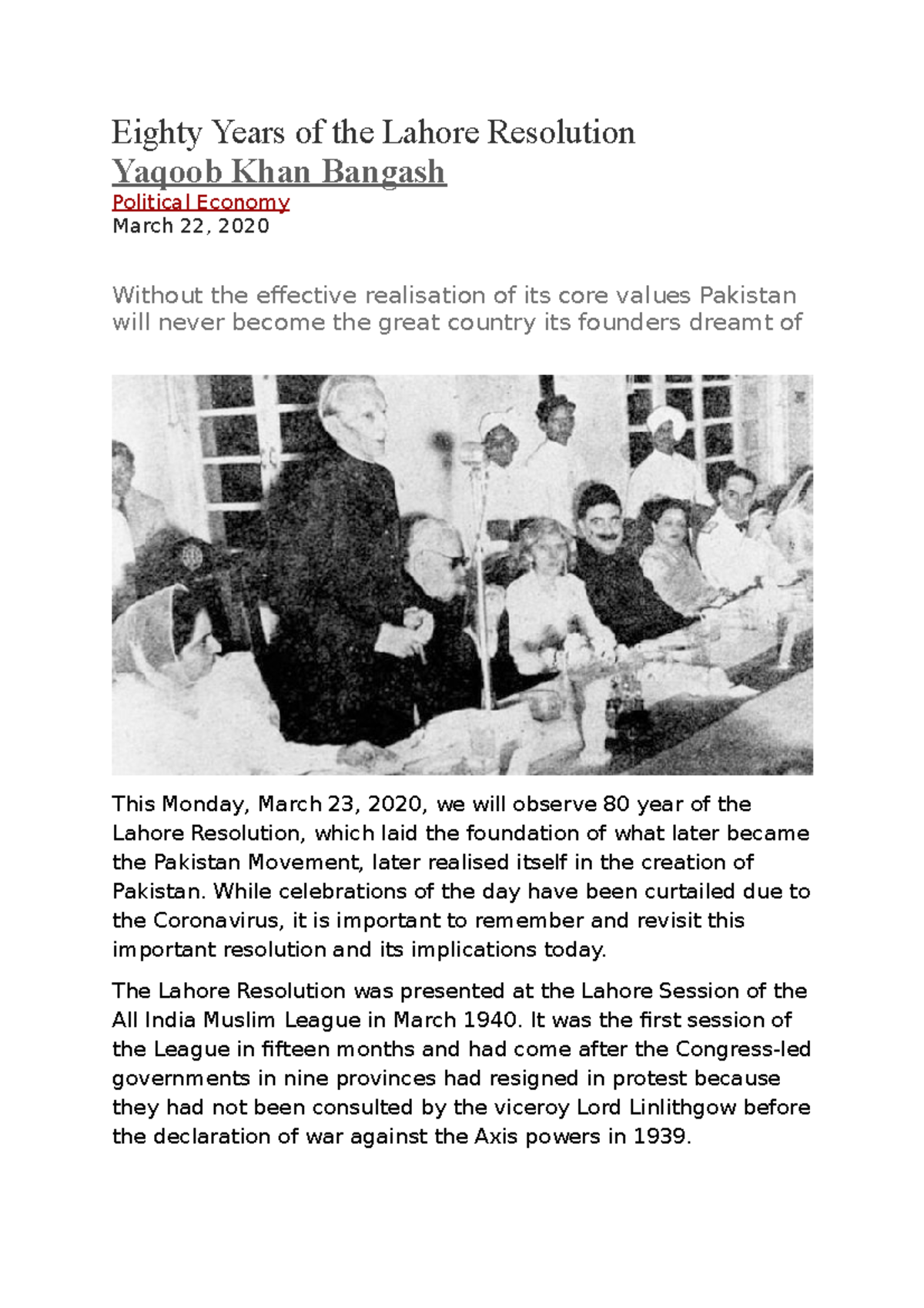 Eighty Years of the Lahore Resolution - While celebrations of the day ...