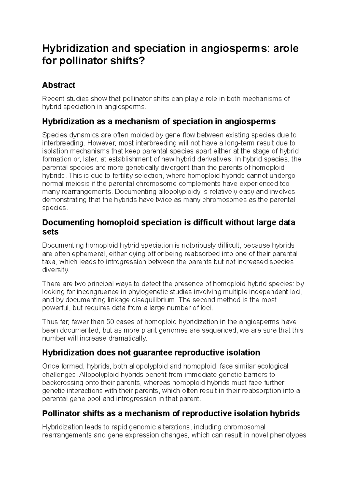 Hybridization and speciation in angiosperms arole - Hybridization as a ...