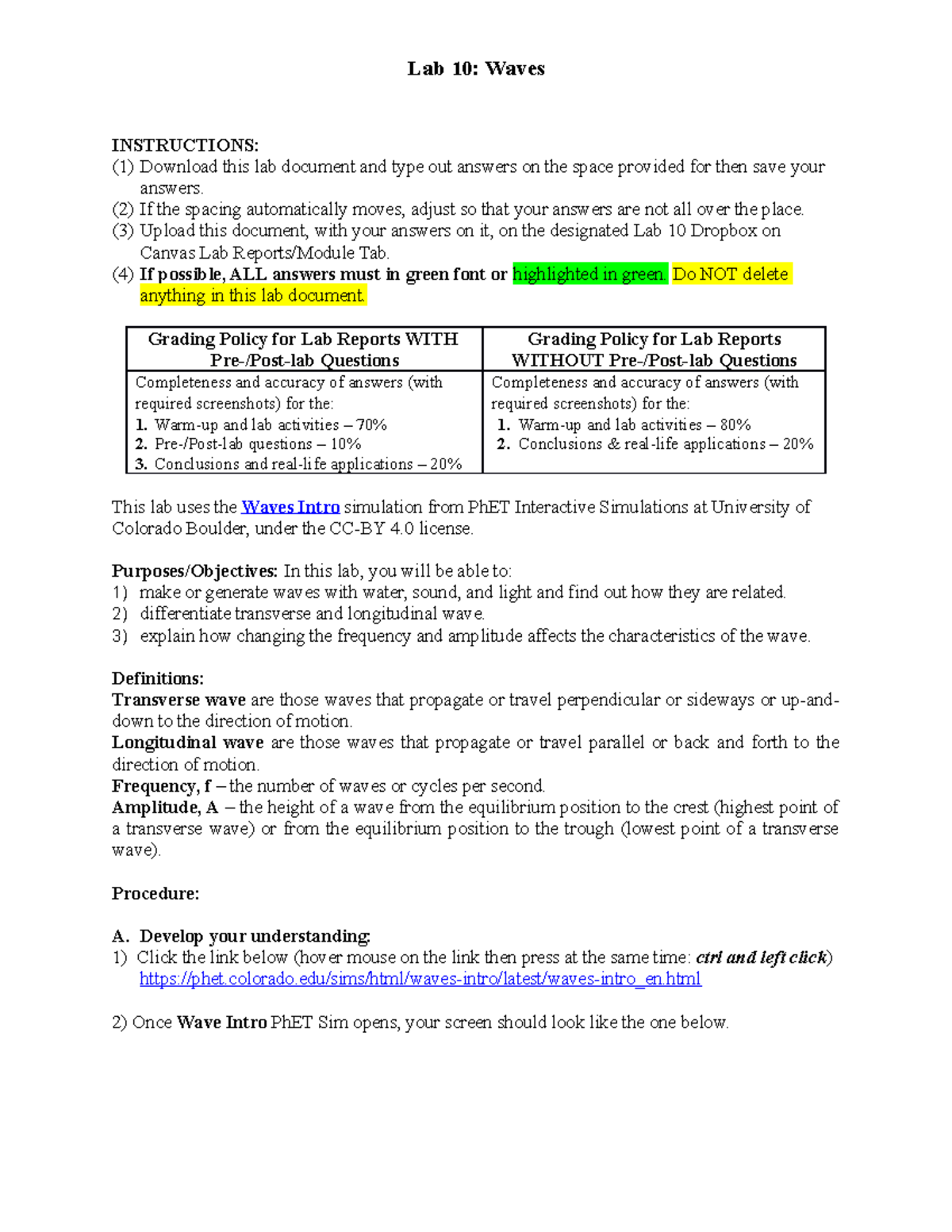 Lab 10 - Waves PHYS 1115 - INSTRUCTIONS: (1) Download this lab document and type out answers on ...
