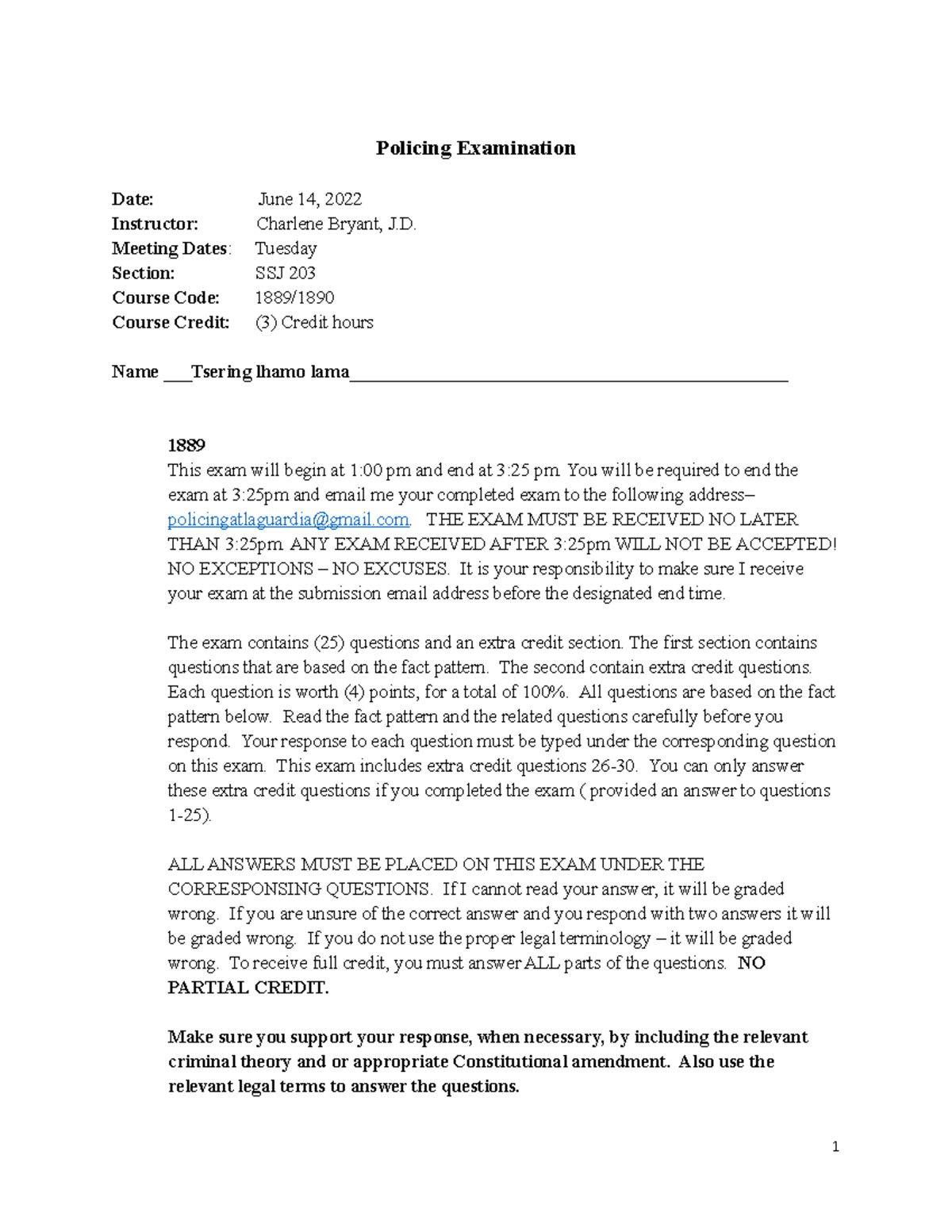 Policing Exam Spring 22 - 1889 -2 - Policing Examination Date: June 14 ...