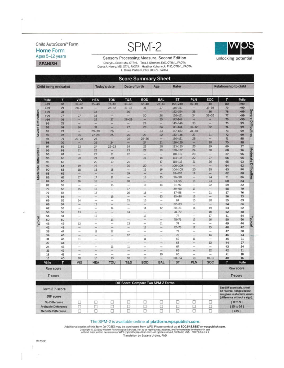 SPM 2 de 5 a 12 años hogar - Child AutoScord'Form Home Form Ages 5-12 years SPM- =tr. Sensory ...