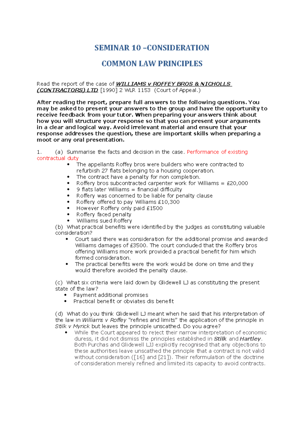 Seminar 10 - Common Law Principles - SEMINAR 10 –CONSIDERATION COMMON ...