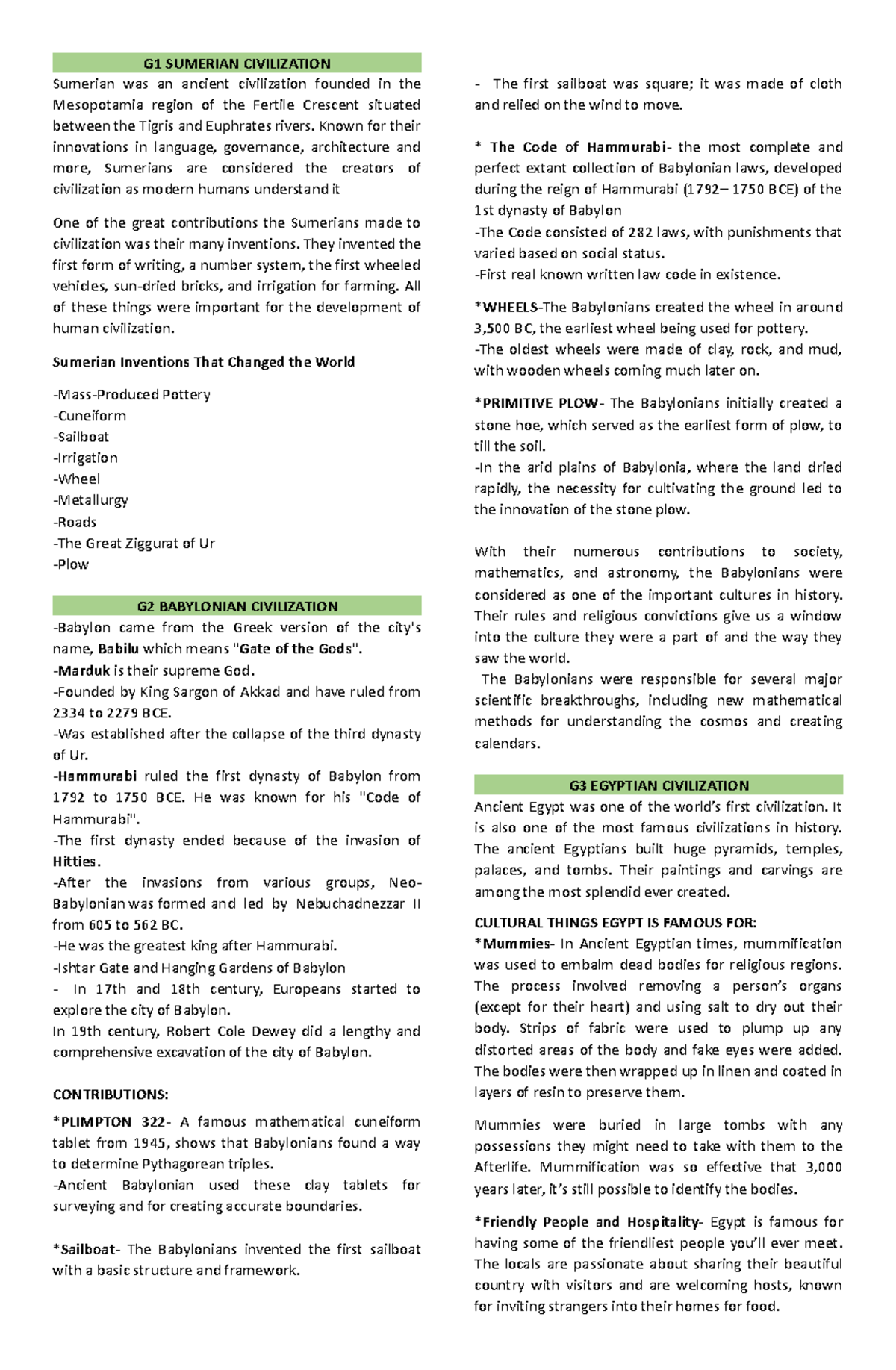 Civilizations-QUIZ - reviewer - G1 SUMERIAN CIVILIZATION Sumerian was ...