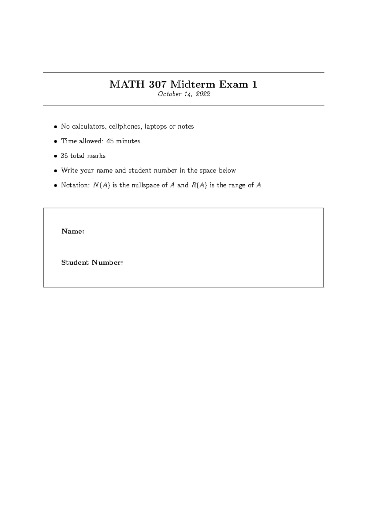 Math307 2022W1 midterm 1B - MATH 307 Midterm Exam 1 October 14, 2022 No calculators, cellphones ...