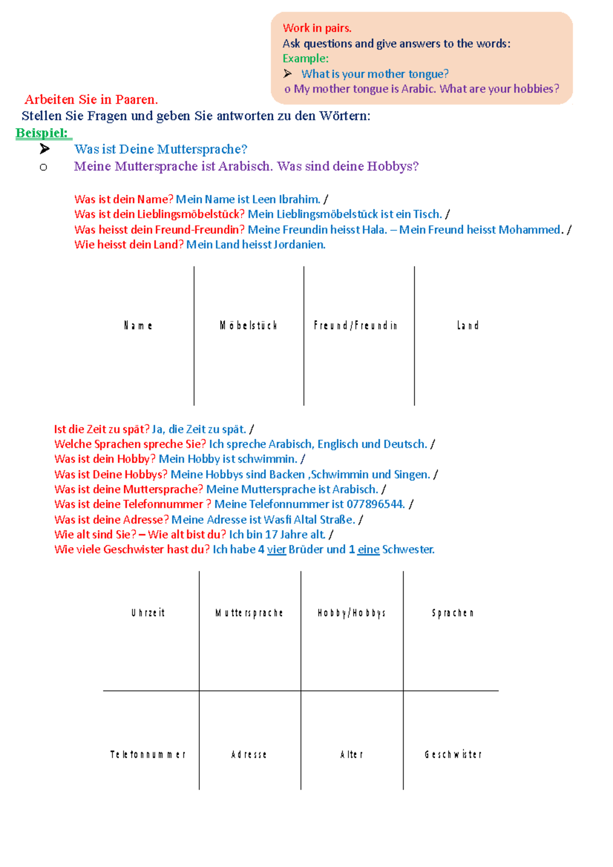 Fragen und Antworten zu zweit - GERL101 - Arbeiten Sie in Paaren ...