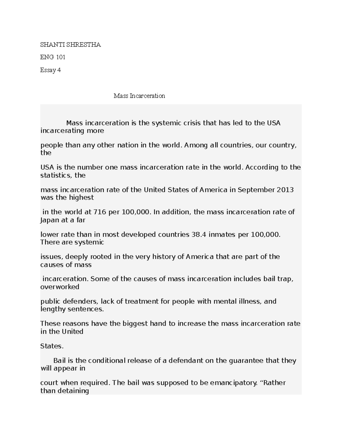 ENG 101 ESSAY 1 - SHANTI SHRESTHA ENG 101 Essay 4 Mass Incarceration ...
