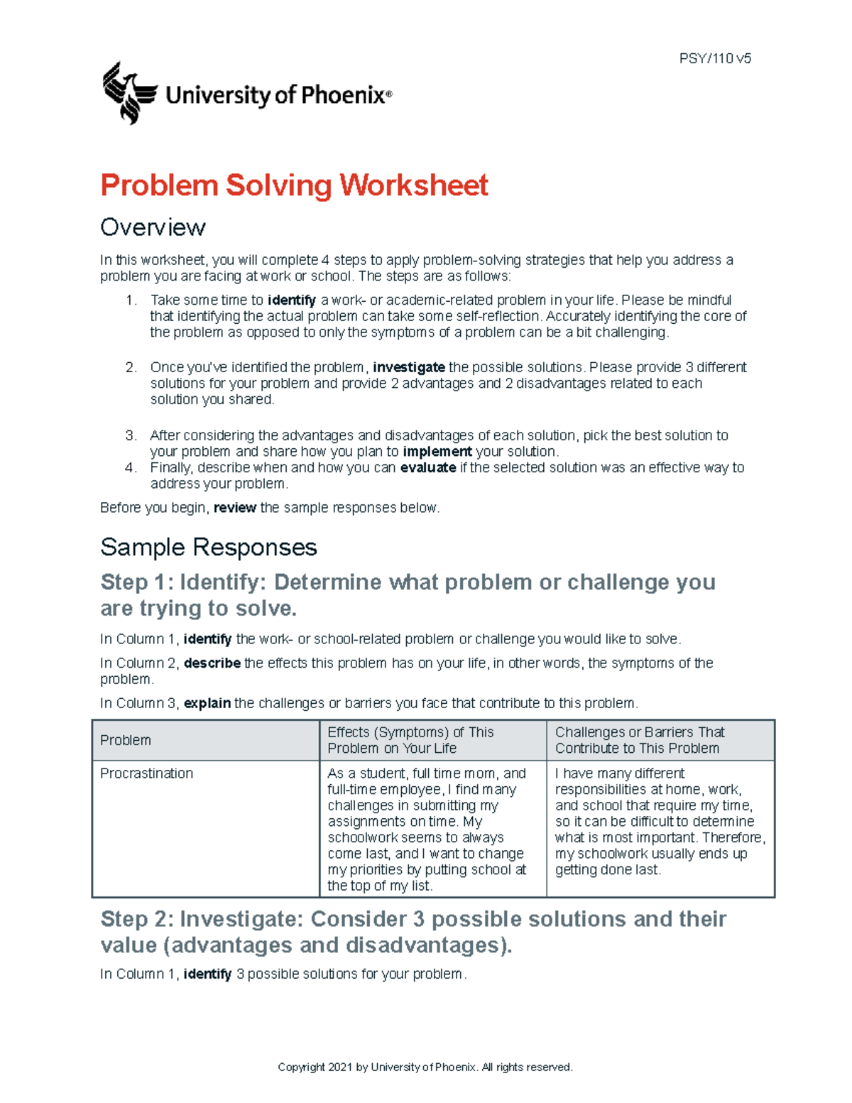 Psy110 v5 wk4 problem solving worksheet - PSY/110 v Problem Solving ...