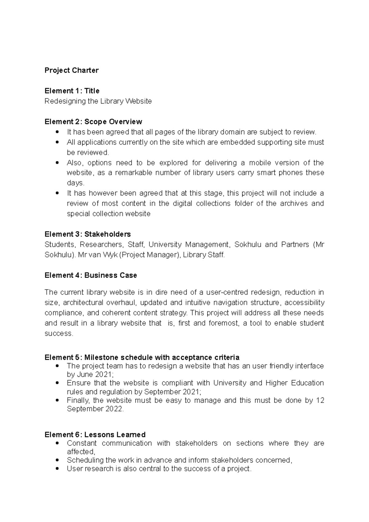 Tutorial 1 Memo - Practice work - Project Charter Element 1: Title ...