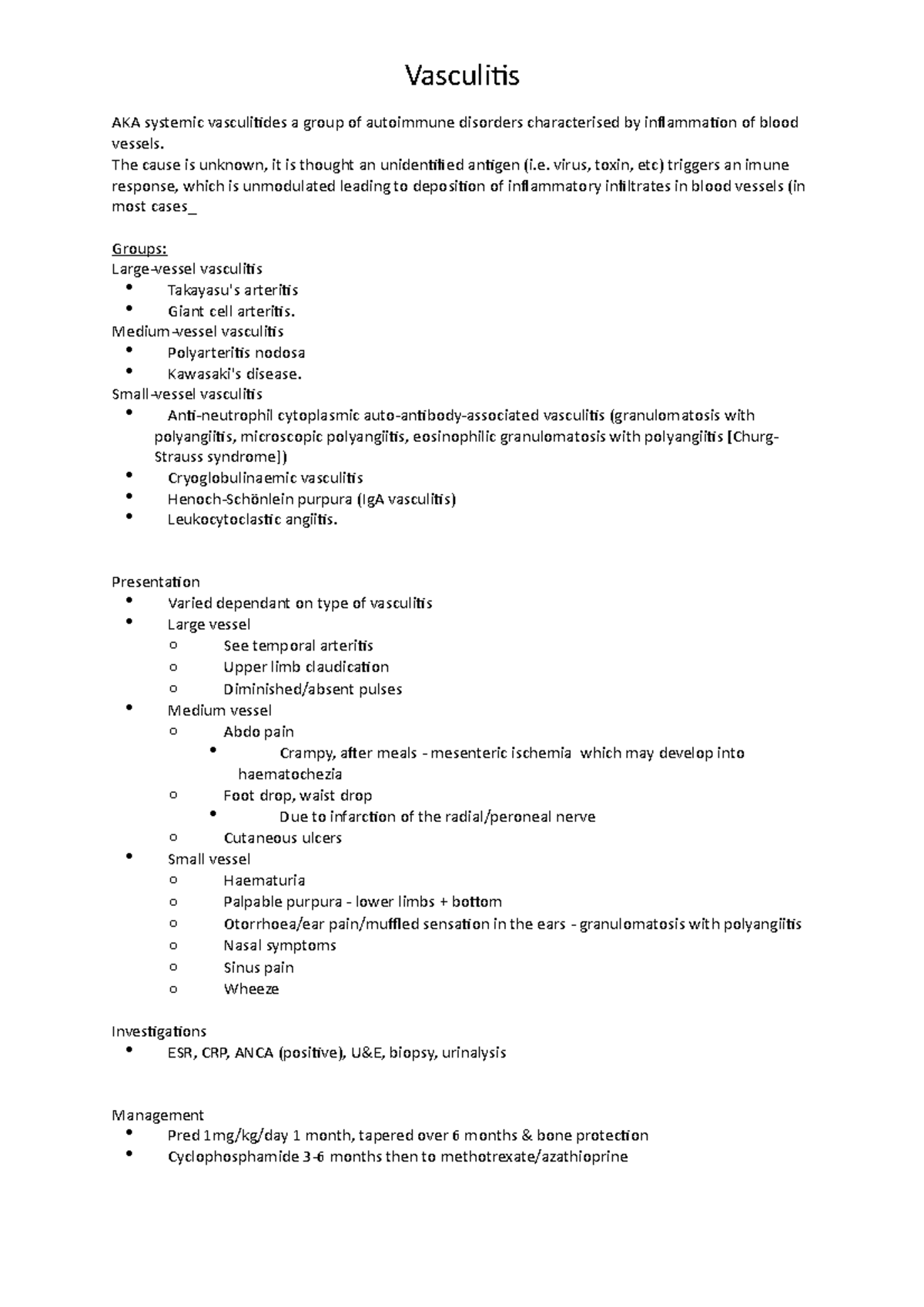 Vasculitis - Lecture notes 1 - Vasculitis AKA systemic vasculitides a ...