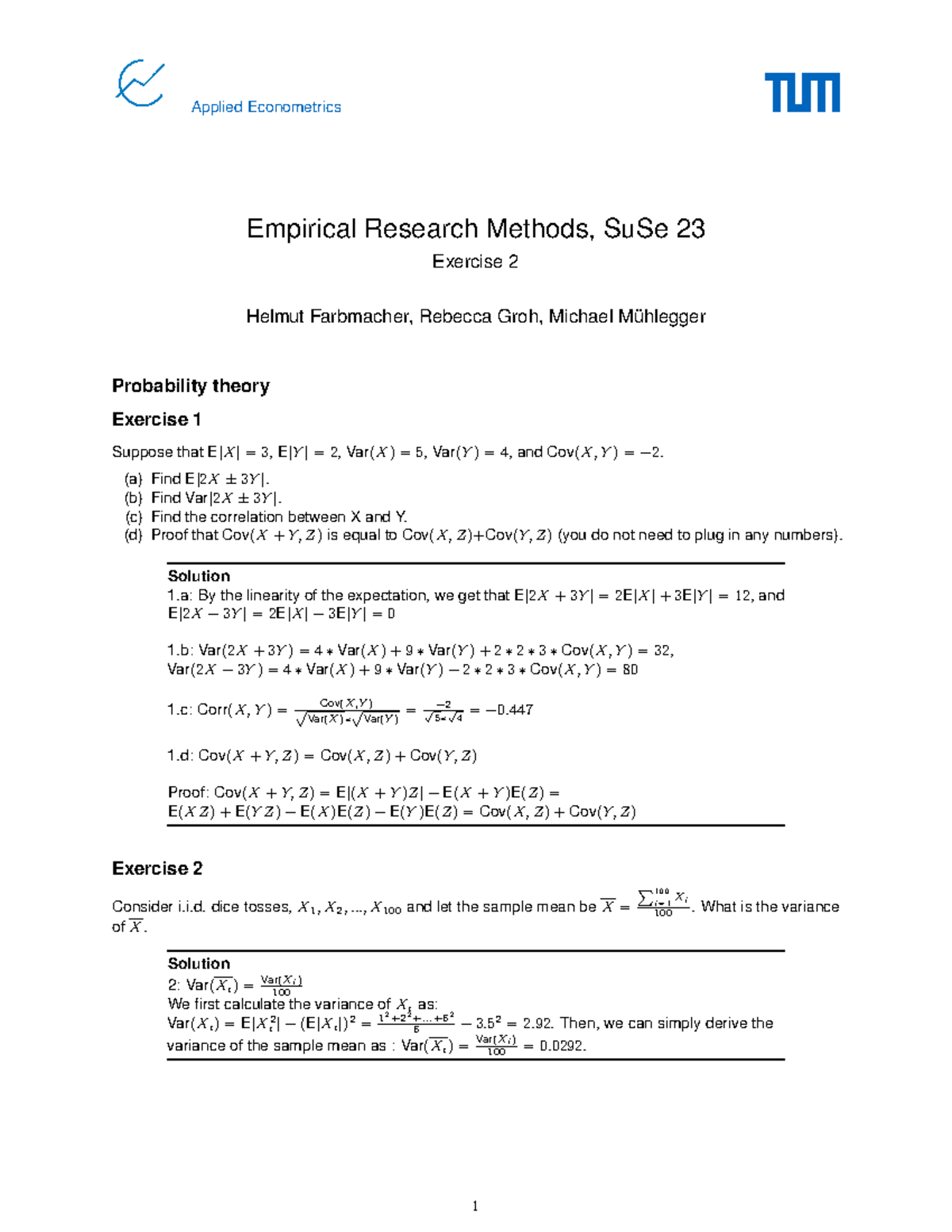 Exercise 2 solution - Wintersemester - Applied Econometrics Empirical Research Methods, SuSe 23 ...