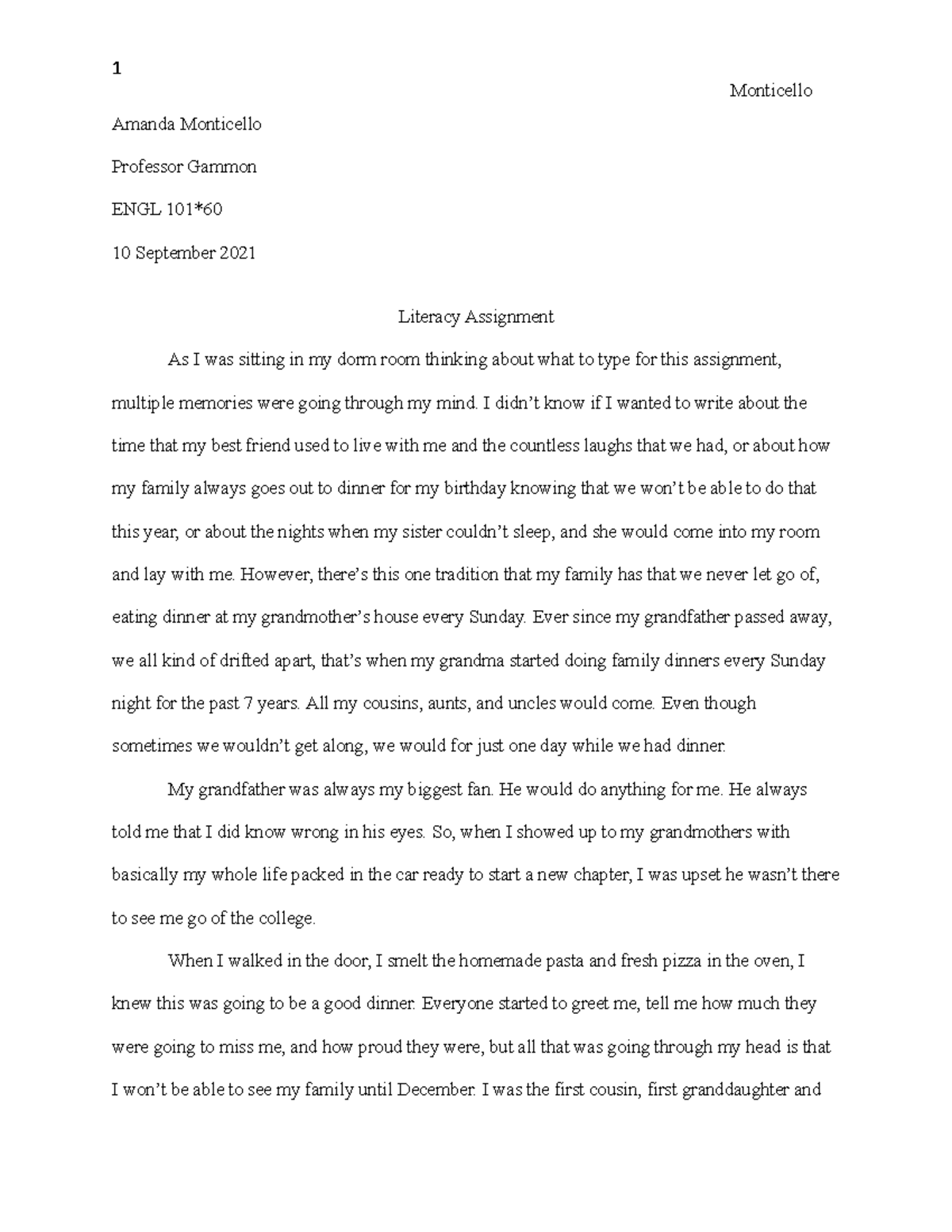 Literacy assignment - Summary for english 210 - 1 Monticello Amanda ...