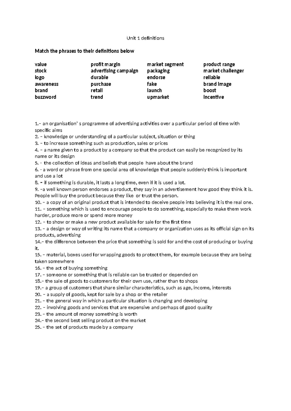 Unit 1 definitions - Unit 1 definitions Match the phrases to their definitions below value stock ...
