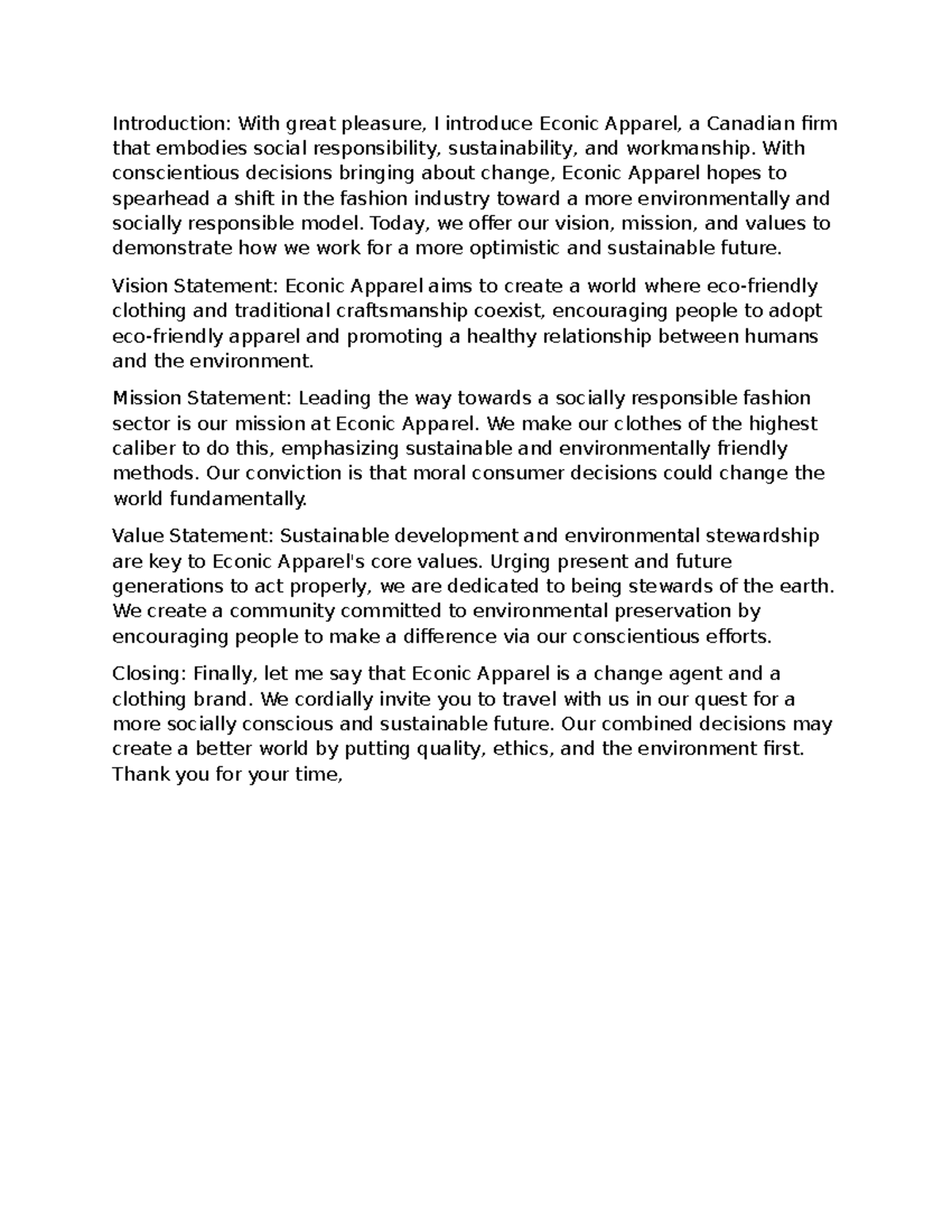 Econic Apparel vision mission and values - Introduction: With great ...