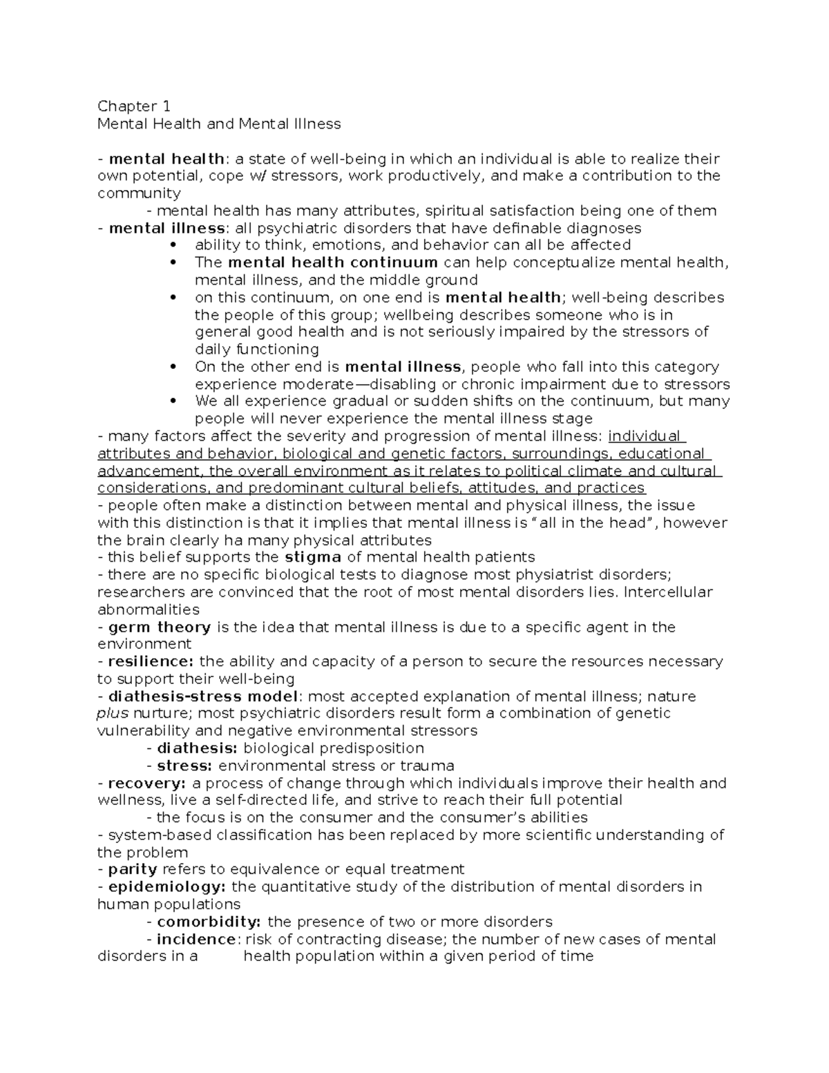 Chapter 1 - lecture notes - Chapter 1 Mental Health and Mental Illness ...