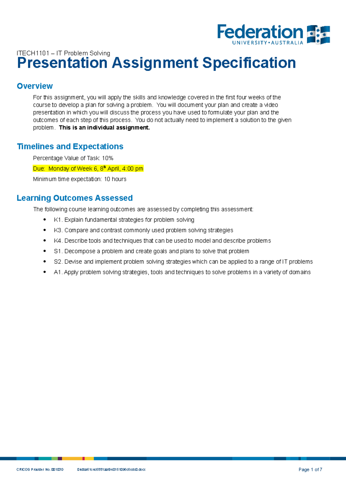 ITECH1101 Presentation Assignment Specification Berwick - Updated - ITECH1101 – IT Problem ...