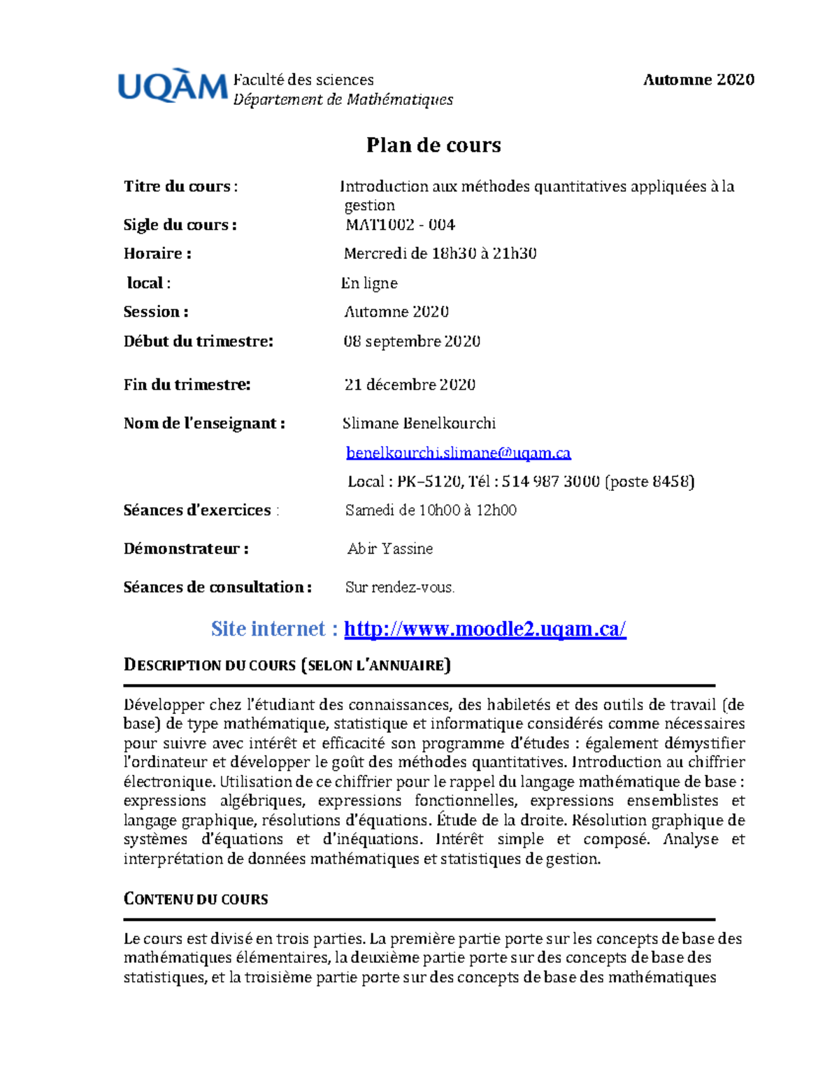 Plan mat1002 004 A 2020 - Plan de cours - Plan de cours Titre du cours ...