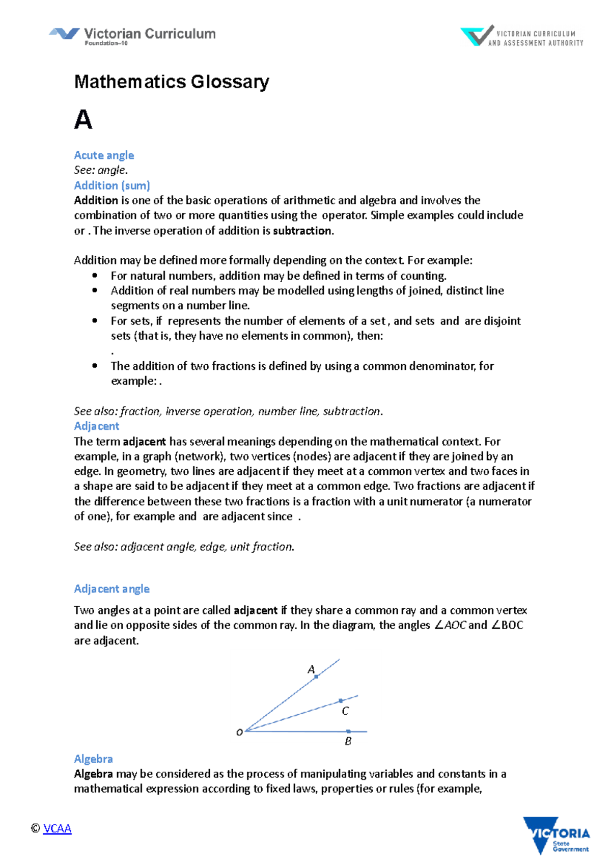 Mathematics Glossary - Mathematics Glossary A Acute angle See: angle. Addition (sum) Addition is ...