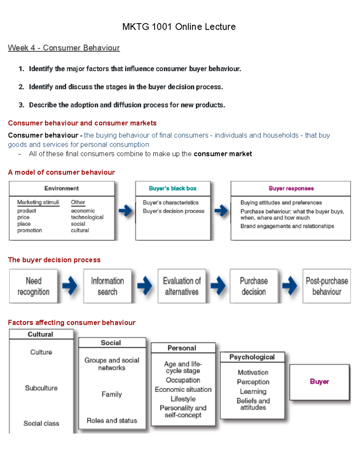 Wk 4 - MKTG 1001 Online Lecture - MKTG 1001 Online Lecture Week 4 - Consumer Behaviour 1 ...