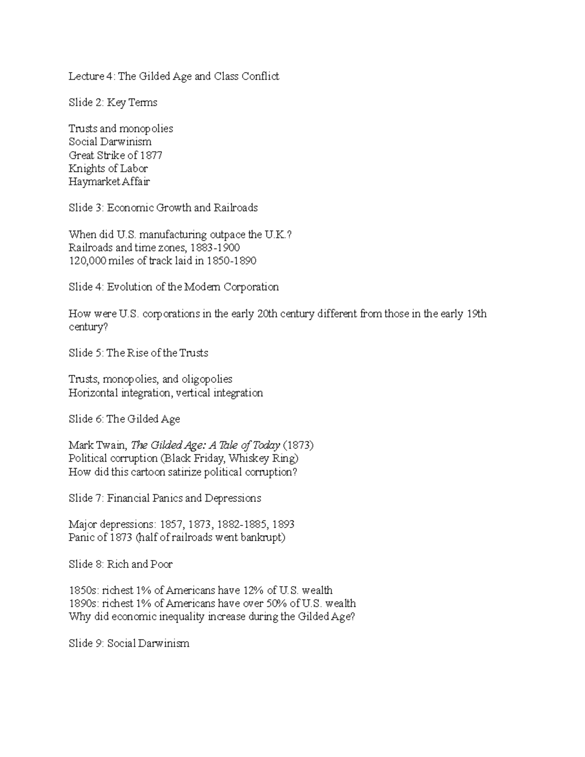 Lecture 4: The Gilded Age and Class Conflict - Lecture 4: The Gilded ...