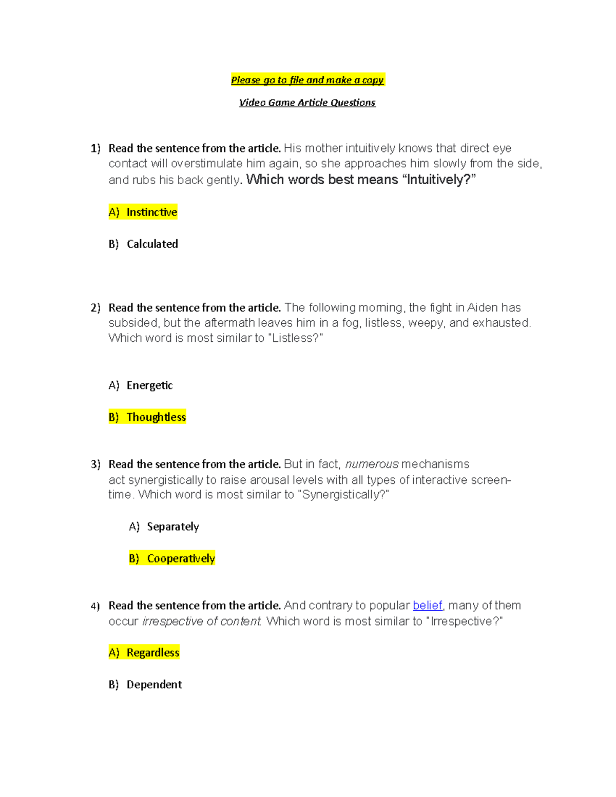 Video Game Article Questions - Please go to file and make a copy Video ...