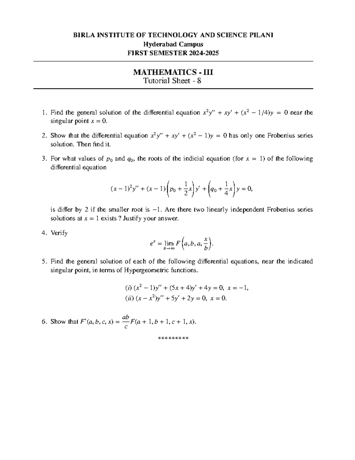 Tutorial Sheet 8 - Bits prac mateial - BIRLA INSTITUTE OF TECHNOLOGY AND SCIENCE PILANI ...