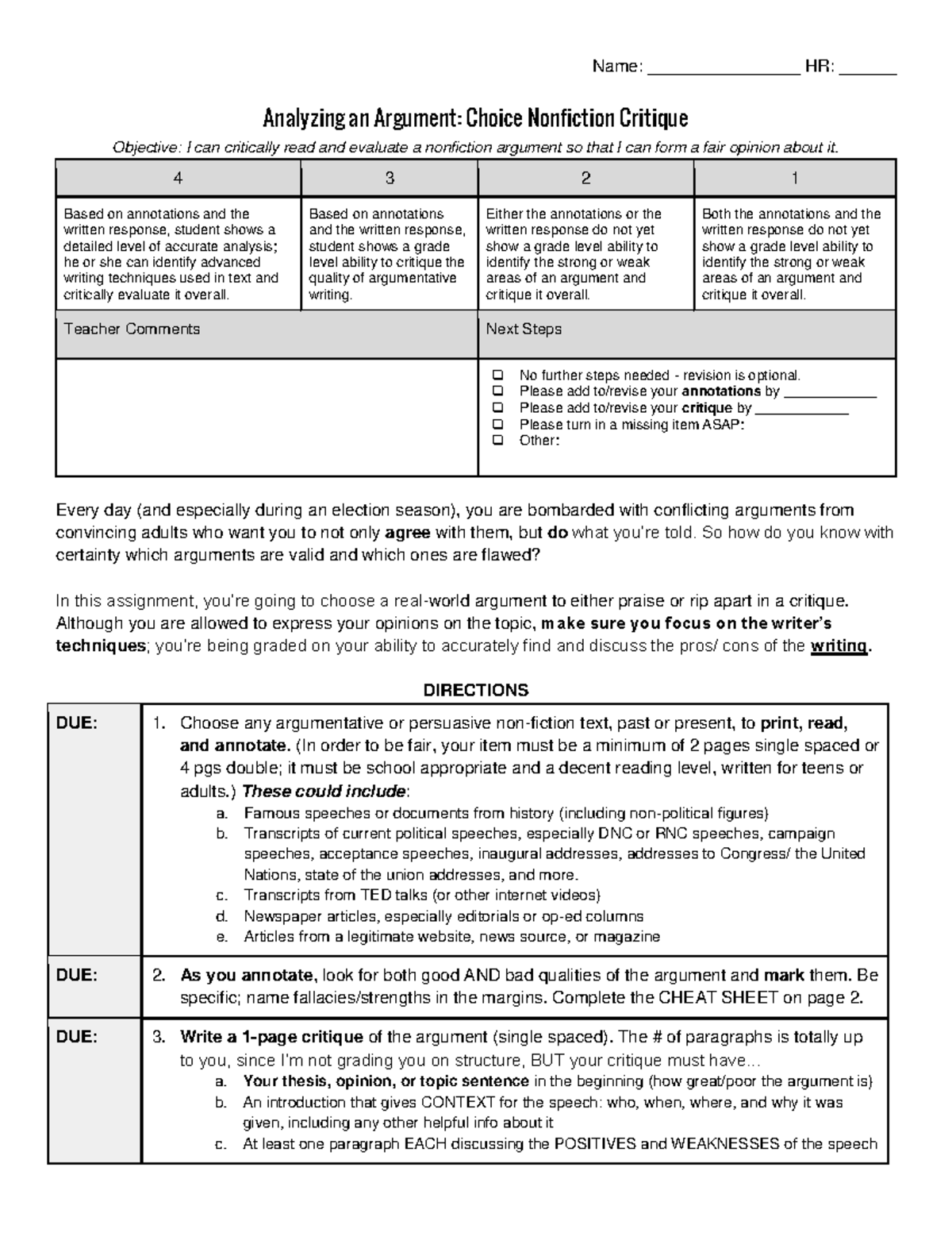 8. Analyzing a Choice Argument Assignment - Name: ________________ HR ...