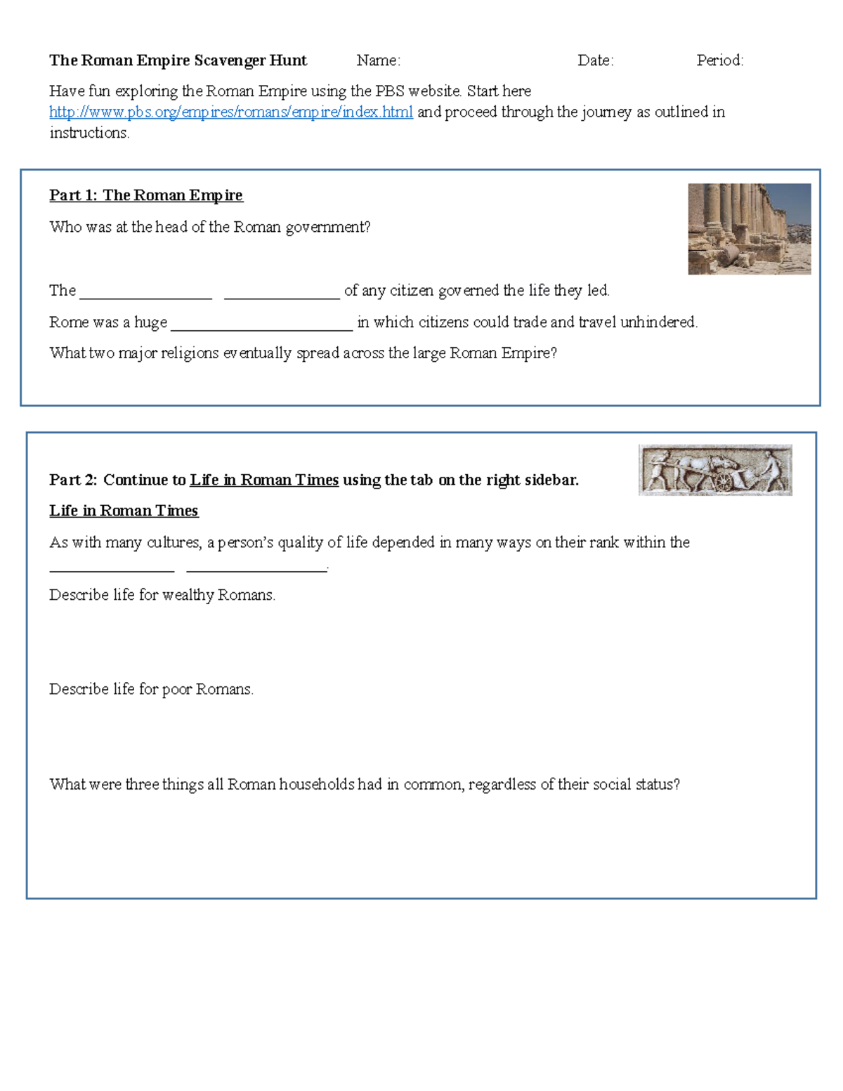 Roman Empire Scavenger Hunt - Start here pbs/empires/romans/empire ...