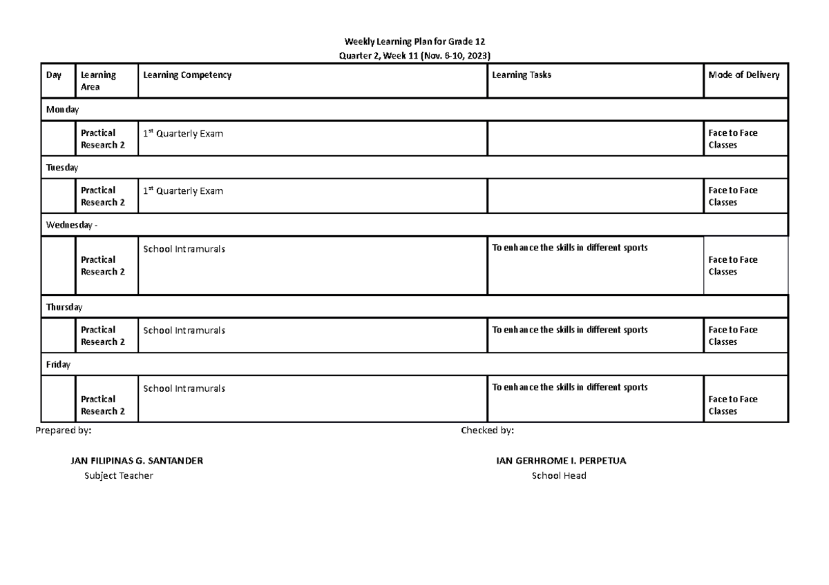 WLP (week 11) - learning plan - Weekly Learning Plan for Grade 12 ...
