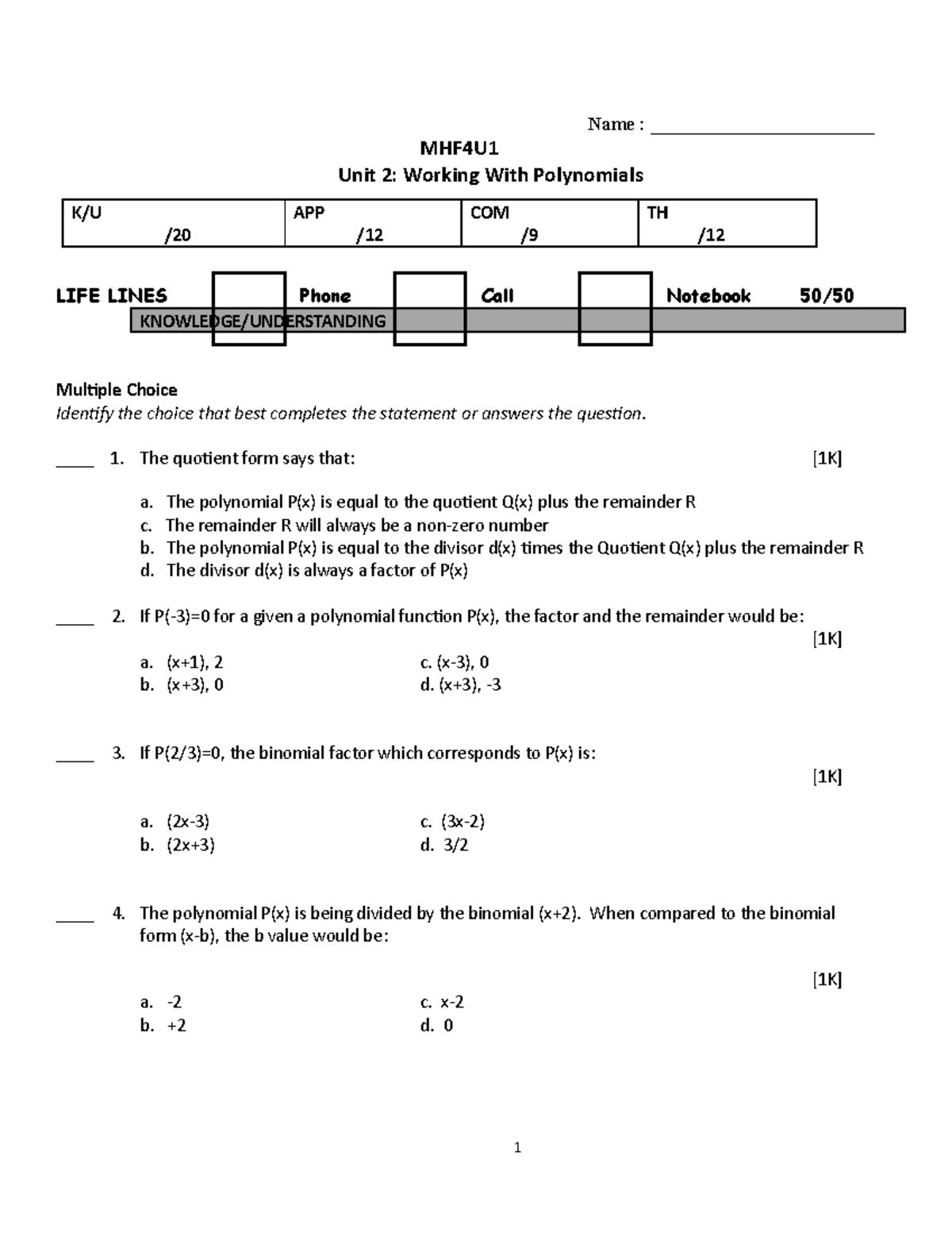 Test 2 working with polynomials - Name : ________________________ MHF4U ...